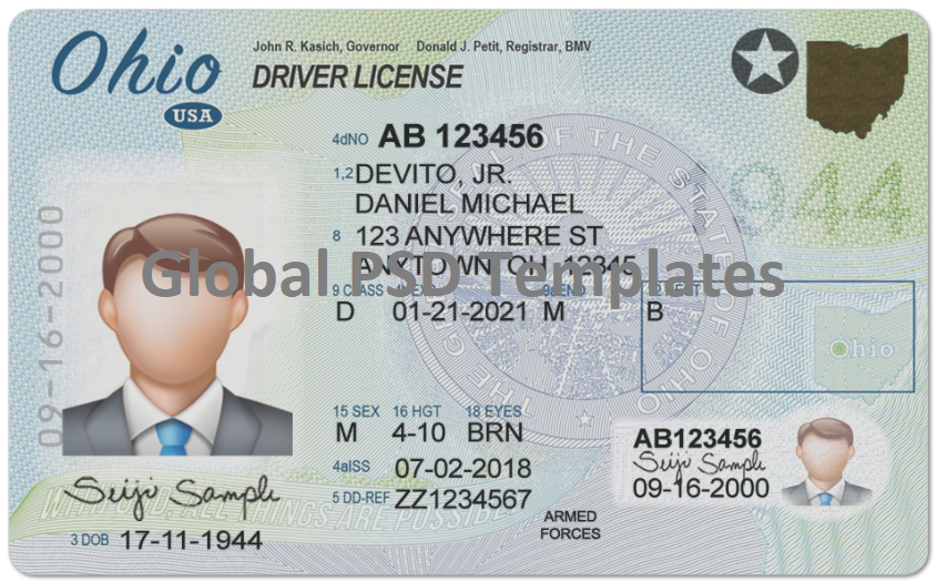 Ohio Drivers License Template (Front & Back) V2 - Global PSD Template